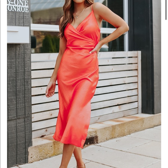 Dresses | Satin Neon Red Wrap Midi Dress | Poshmark